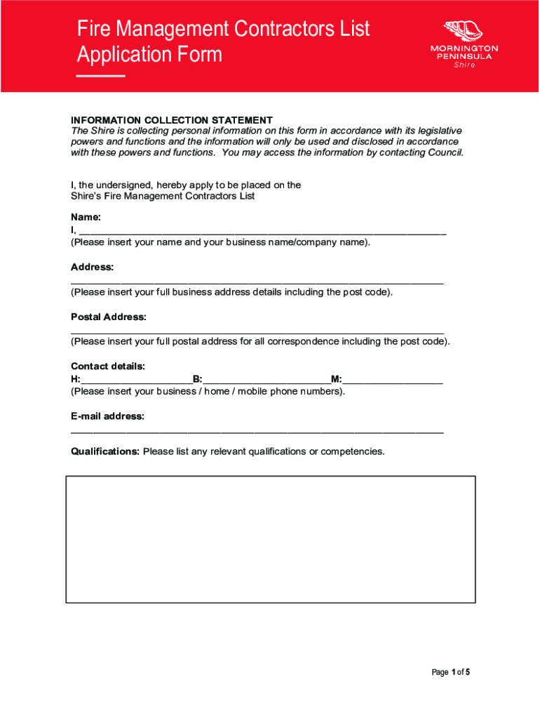 Fillable Online Fire Management Contractors List Application Form Fax Email Print - pdfFiller