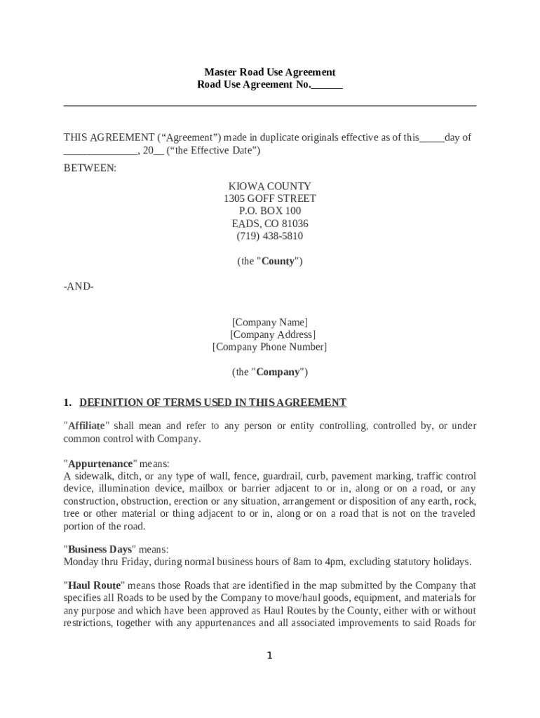 Master Road Agreement 09-2022.docx - Kiowa County Doc Template | pdfFiller
