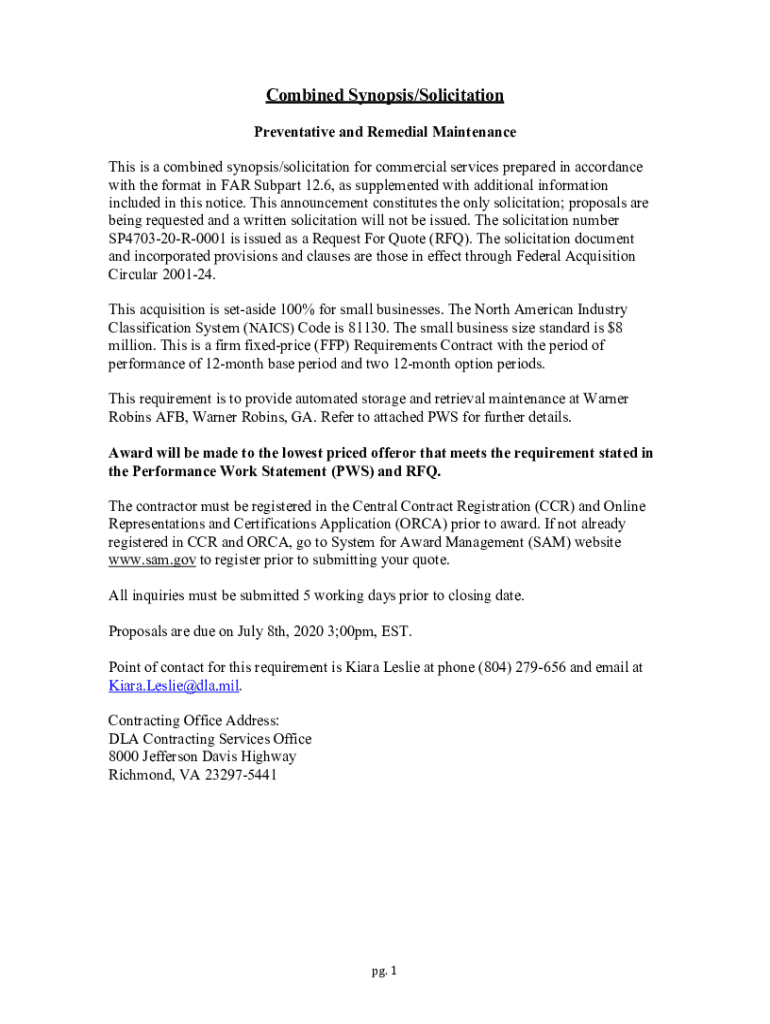 Fillable Online Combined Synopsis/Solicitation for Commercial Services Fax Email Print - pdfFiller