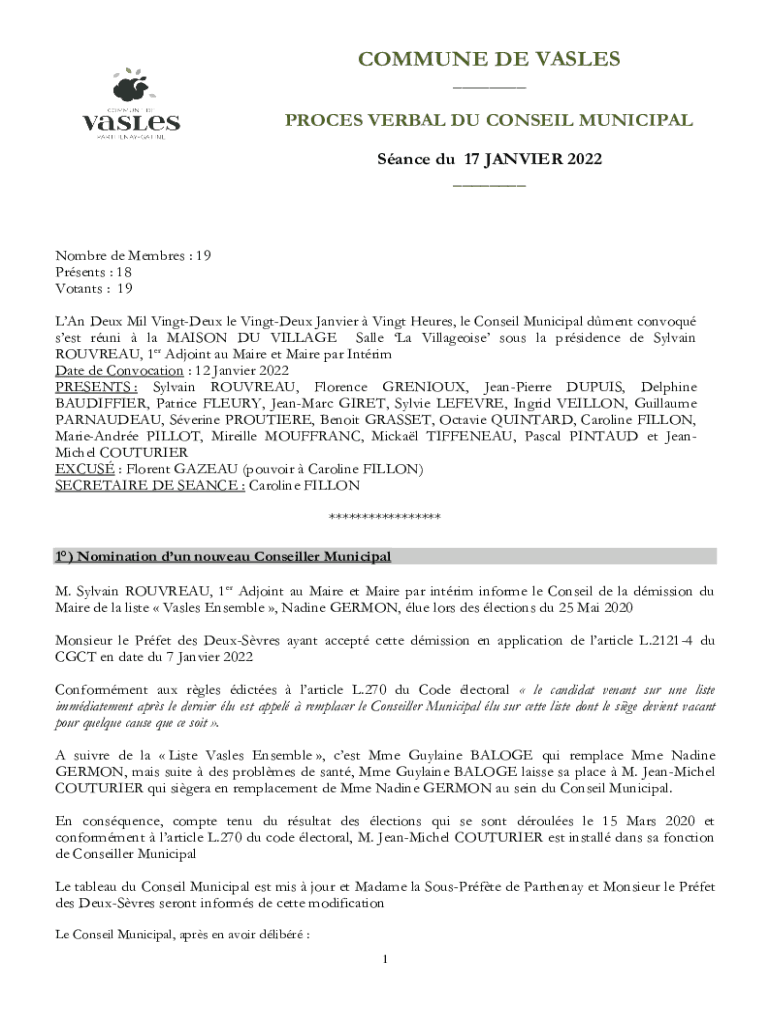 Remplissable En Ligne PROCES VERBAL DE LA REUNION DU CONSEIL ... Fax Email Imprimer - pdfFiller