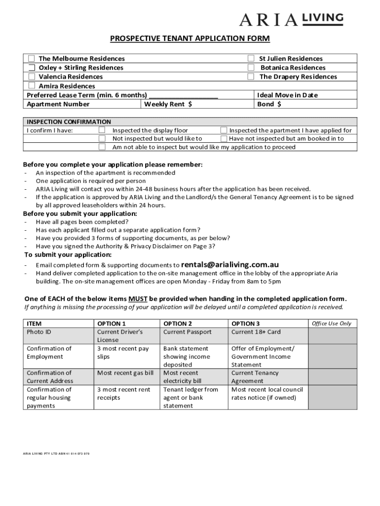 Fillable Online prospective tenant application form - Aria Living Fax ...