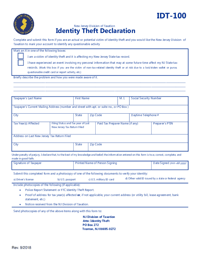 Fillable Online Fillable Online Identity Theft Form - IDT-100 - State ... Fillable Online Fillable Online Identity Theft Form - IDT-100 - State ...