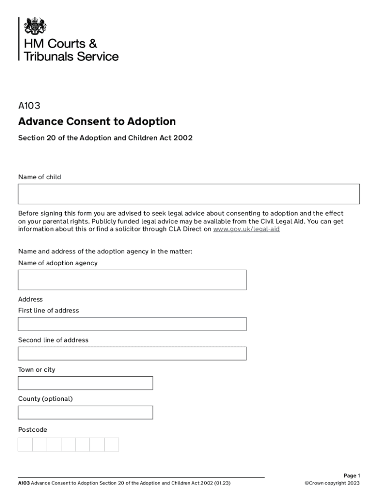 Fillable Online Form A103: Advance consent to Adoption. Section 20 of ... Fax Email Print ...