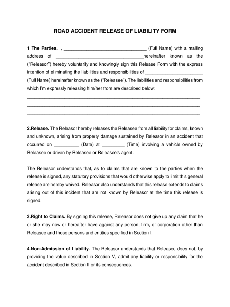 Road Accident Release of Liability Form - Blank Fillable Template ...