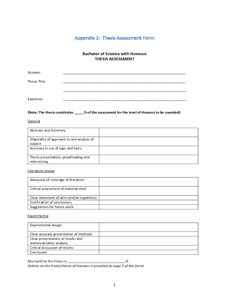 Fillable Online Appendix 2: Thesis Assessment Form Fax Email Print - pdfFiller