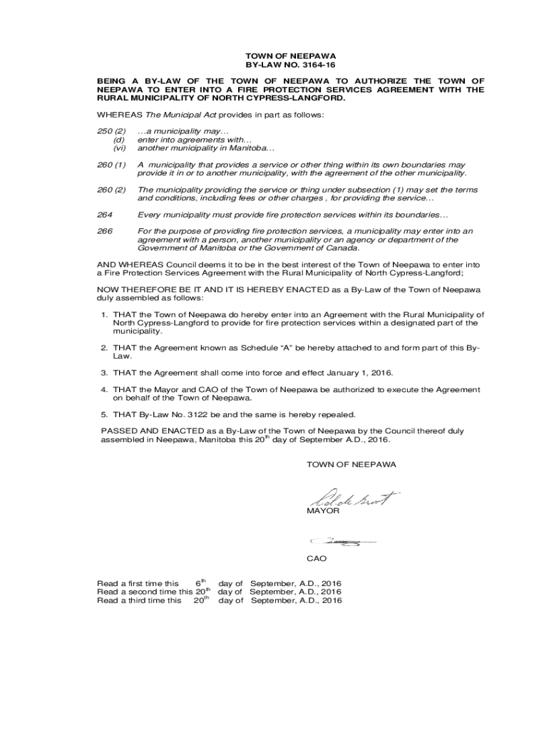 Fillable Online By-Law-3164-16-Fire-Protection-Services-Agreement ...