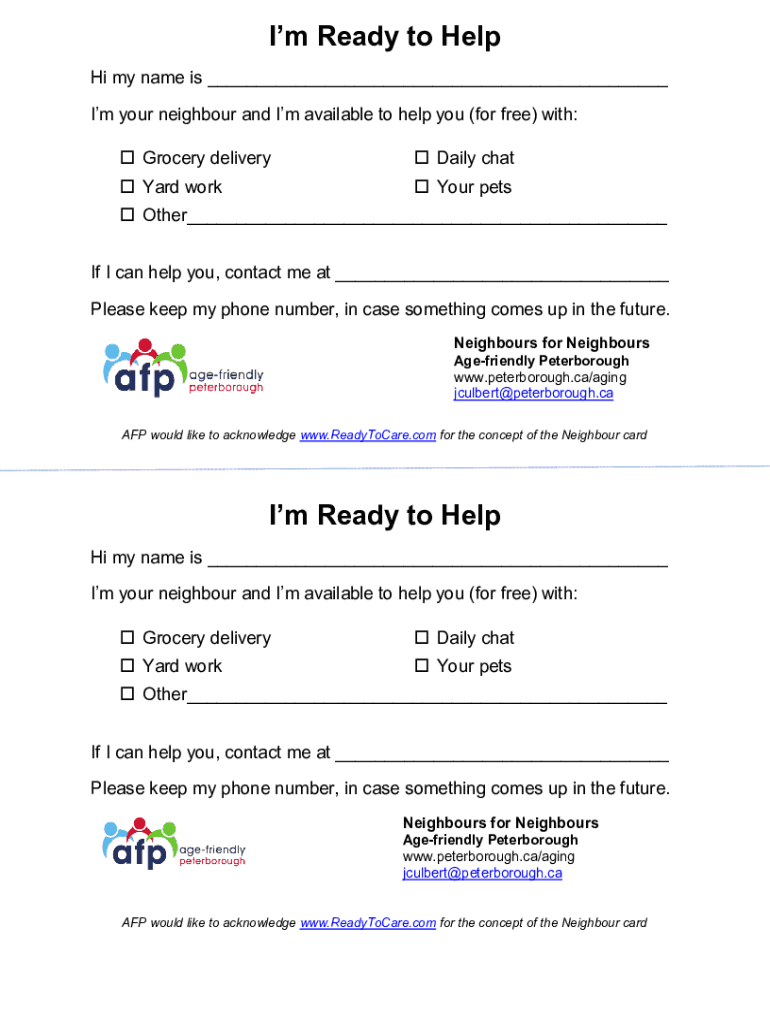 Fillable Online Age-friendly Peterborough Help Card. A card to fill out ...