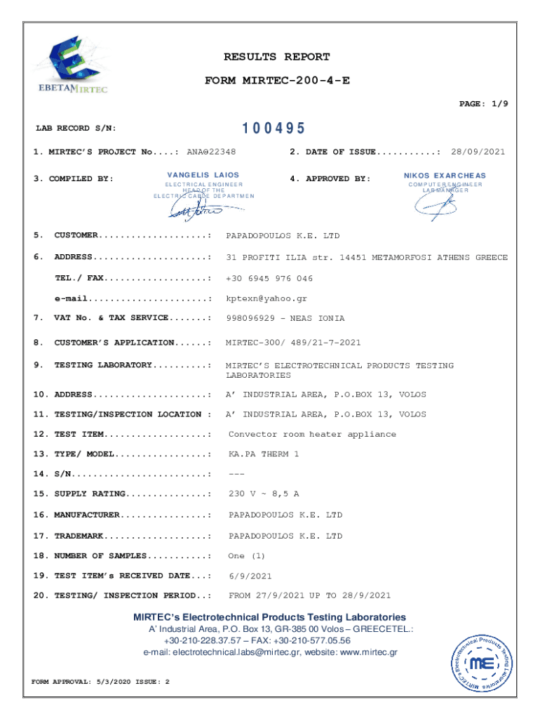 Fillable Online RESULTS REPORT FORM MIRTEC-200-4-E Fax Email Print ...