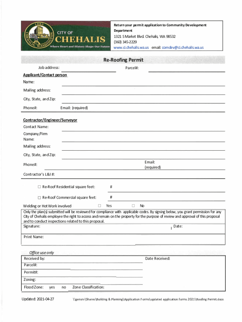 Fillable Online Re-Roofing Permit - City of Chehalis Fax Email Print ...