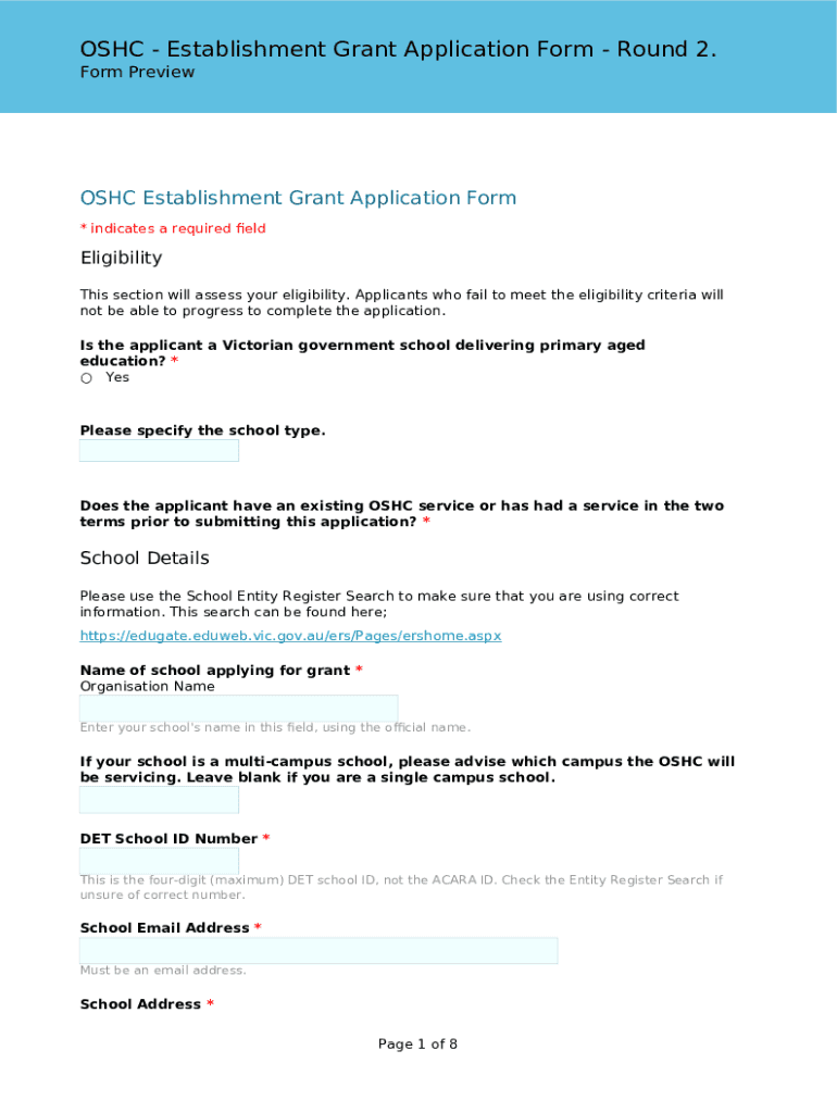 Fillable Online OSHC - Establishment Grant Application Form - Round 2 ...