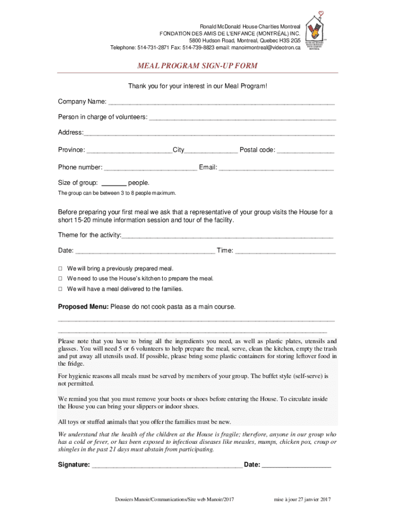 Fillable Online Ronald McDonald House of Montreal - Contact Us Fax ...
