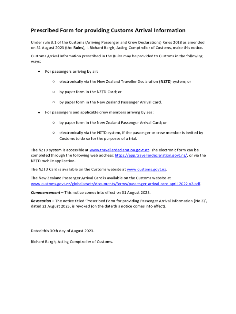 Fillable Online Prescribed Form for providing Customs Arrival ...