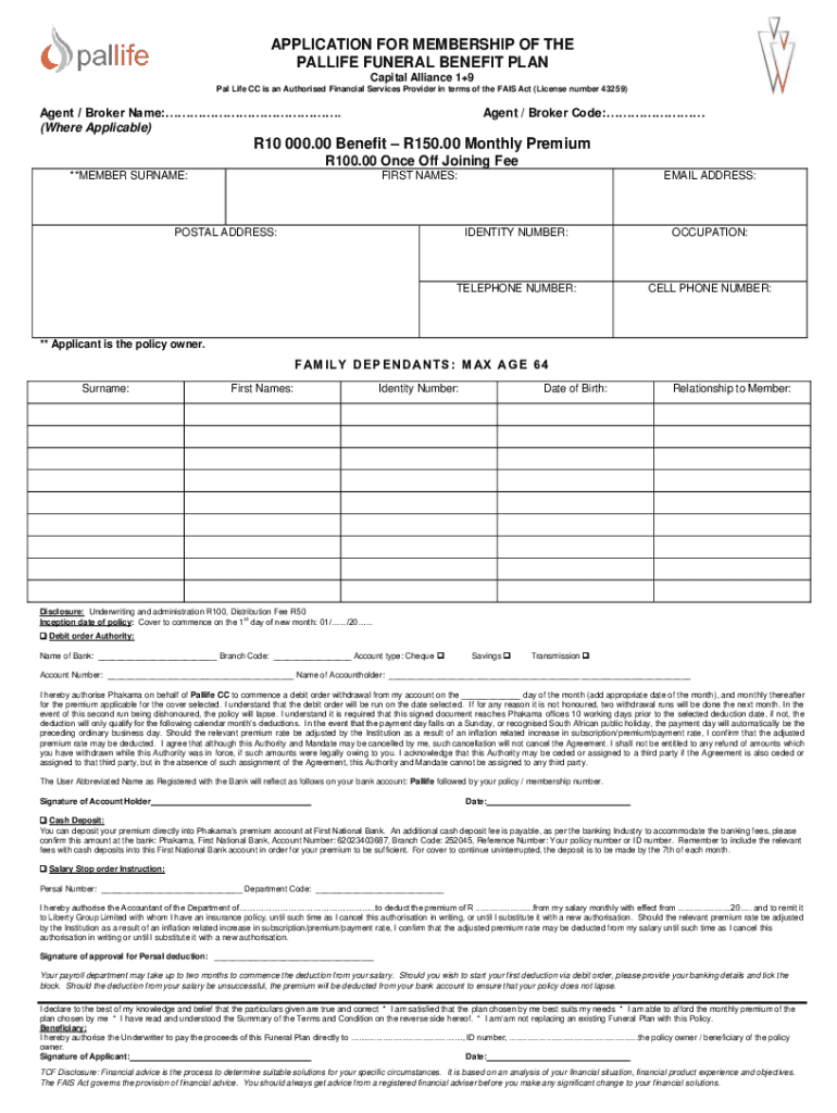 Fillable Online application for membership of the pallife funeral ...