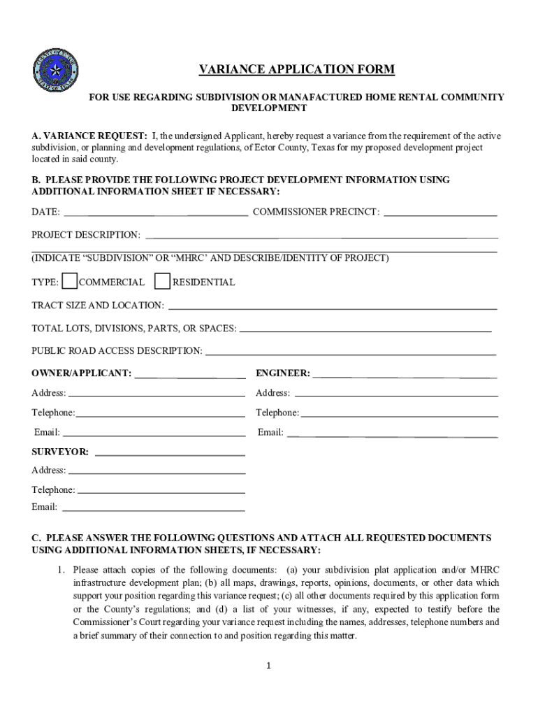 Fillable Online VARIANCE APPLICATION FORM - Ector County Fax Email ...