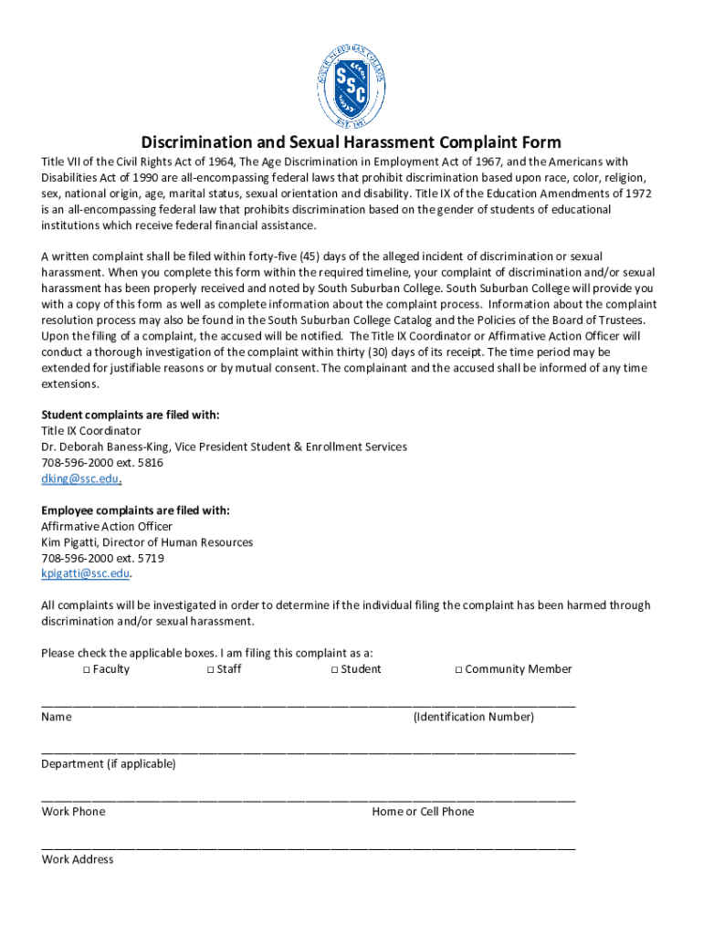 Fillable Online Discrimination and Sexual Harassment Complaint Form Fax Email Print - pdfFiller