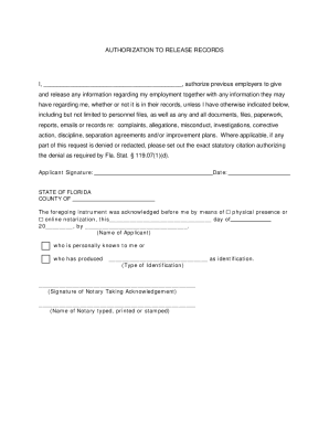 Fillable Online AUTHORIZATION TO RELEASE RECORDS I, , authorize previous ... Fax Email Print ...