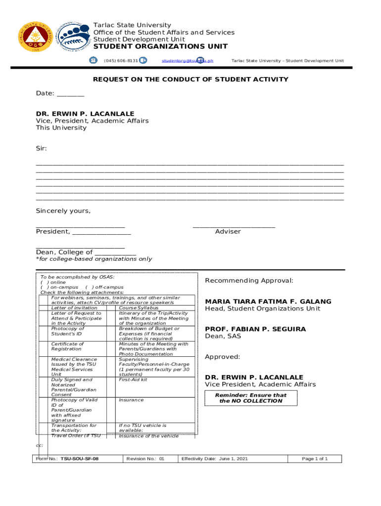 TSU-SOU-SF-08 Request Letter on the Conduct of Activity Doc Template ...