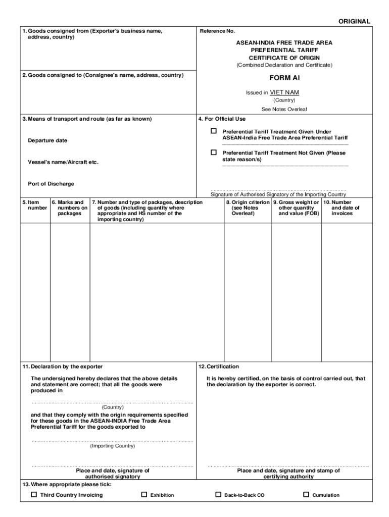 Fillable Online asean-india free trade area preferential tariff ...