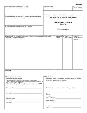 Fillable Online ORIGINAL CERTIFICATE OF ORIGIN Form VJ Issued in ...