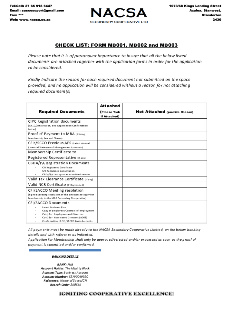 Fillable Online CHECK LIST: FORM MB001, MB002 and MB003 - nacsa Fax ...