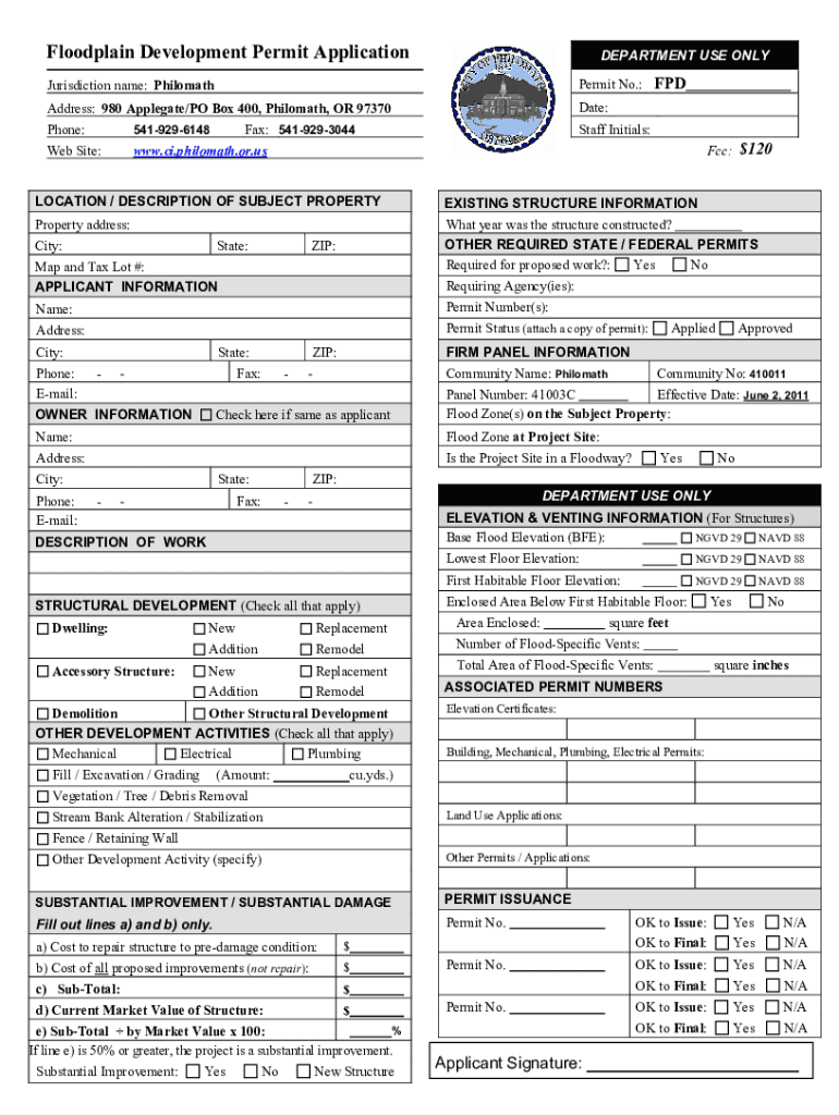 Fillable Online Floodplain Development Permit Application - Philomath ...