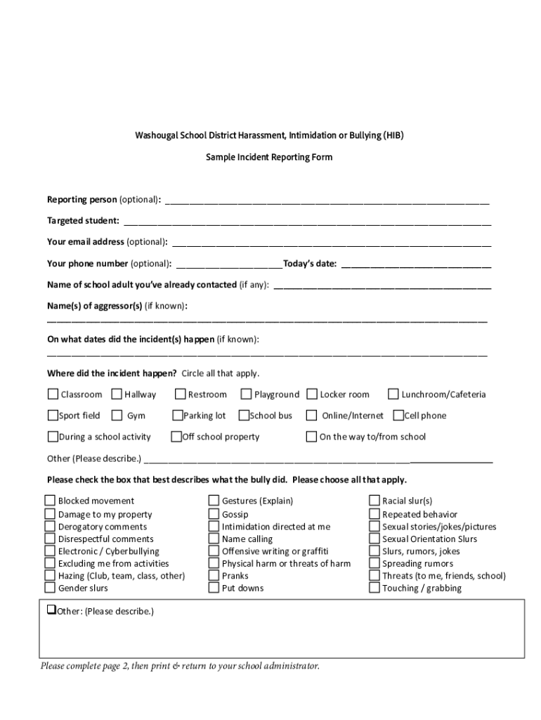 Fillable Online Harassment, Intimidation and Bullying Reporting Form ...