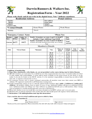 Fillable Online Darwin Runners & Walkers Inc. Registration Form Year ...