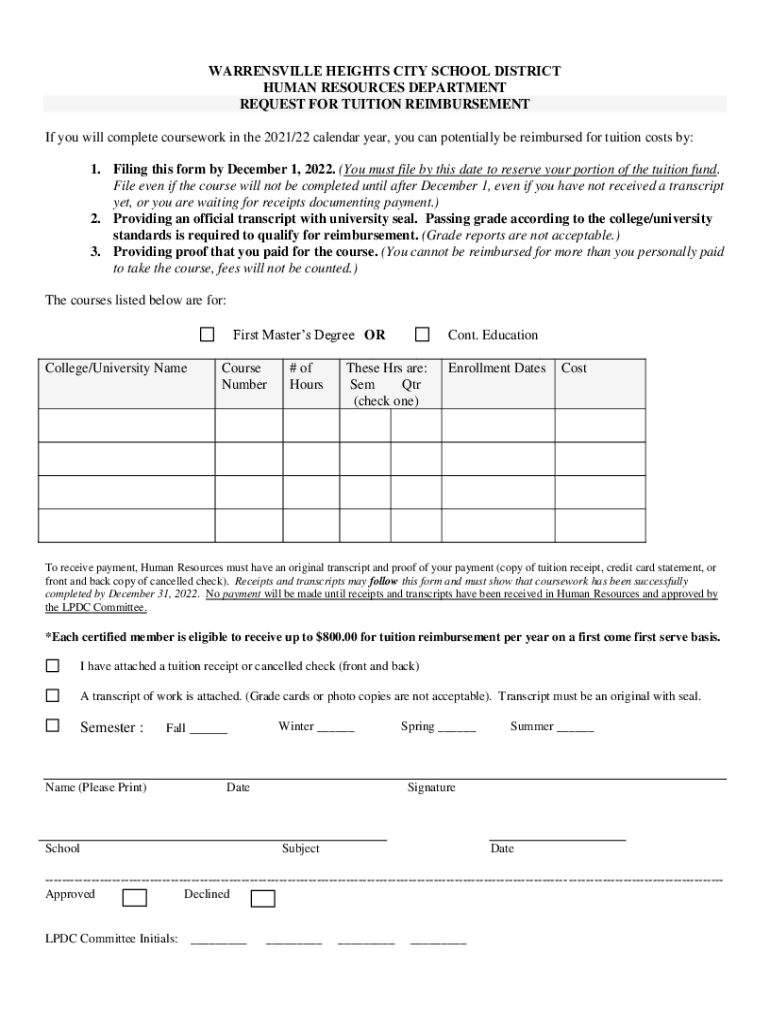 Fillable Online Tuition Reimbursement Request Form 2021-22 Fax Email ...