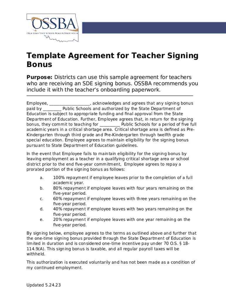 Sample Agreement: Teacher Signing Bonus Doc Template | pdfFiller