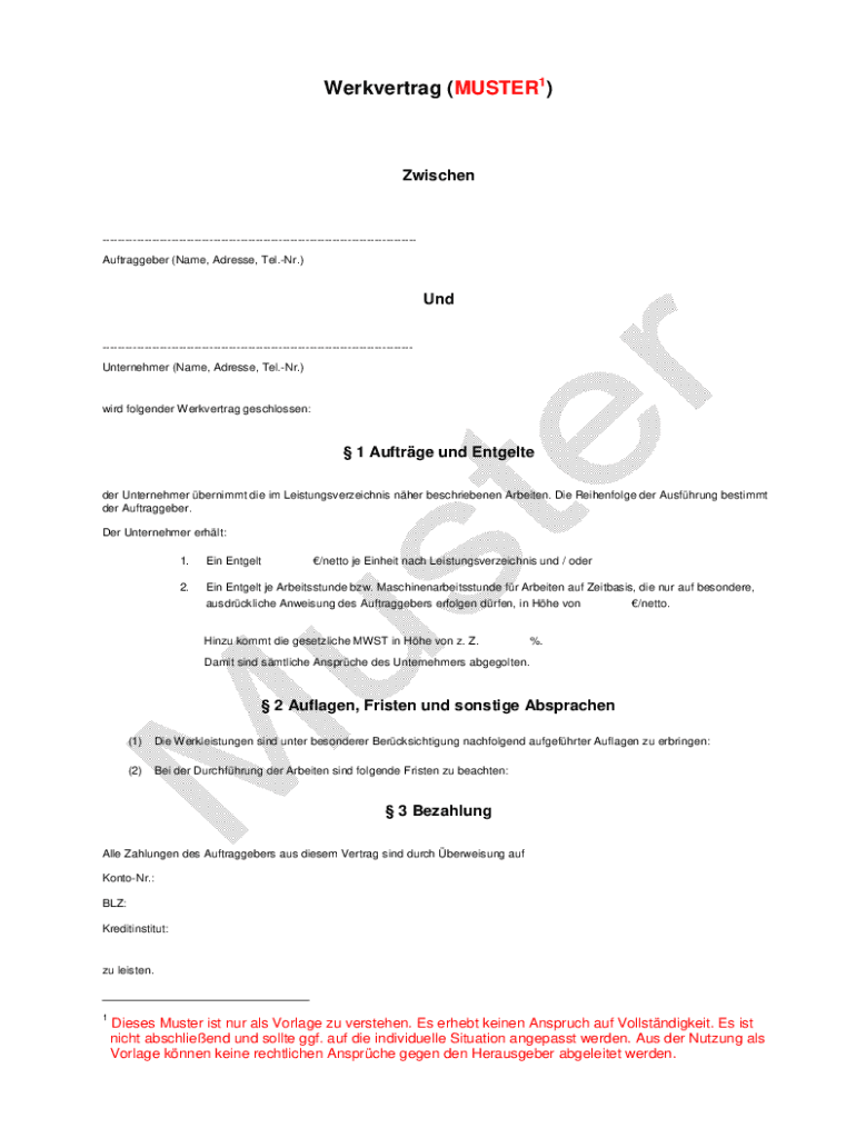 Ausfüllbar Online Werkvertrag (MUSTER 1 ) - PDF Kostenfreier Download ...