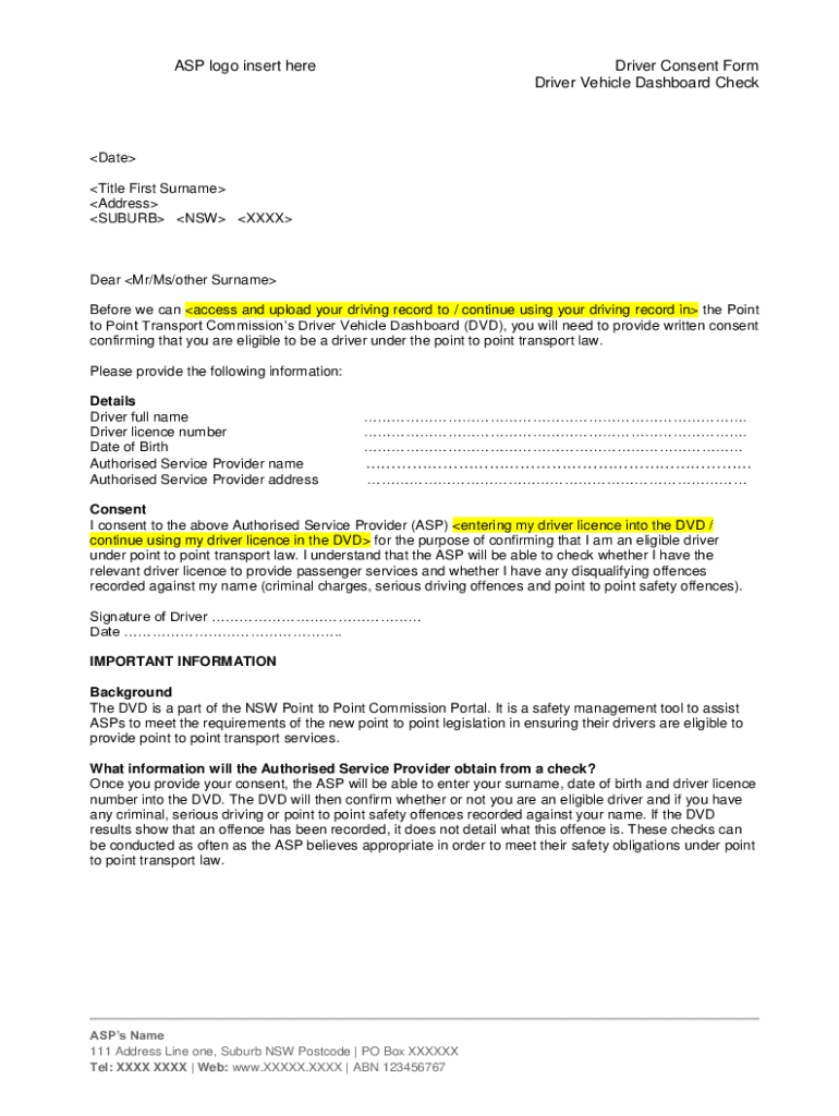 Fillable Online Driver Consent Form Driver Vehicle Dashboard Check Fax ...