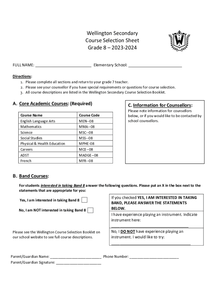 Fillable Online Wellington Secondary Course Selection Sheet Grade 8 Fax ...