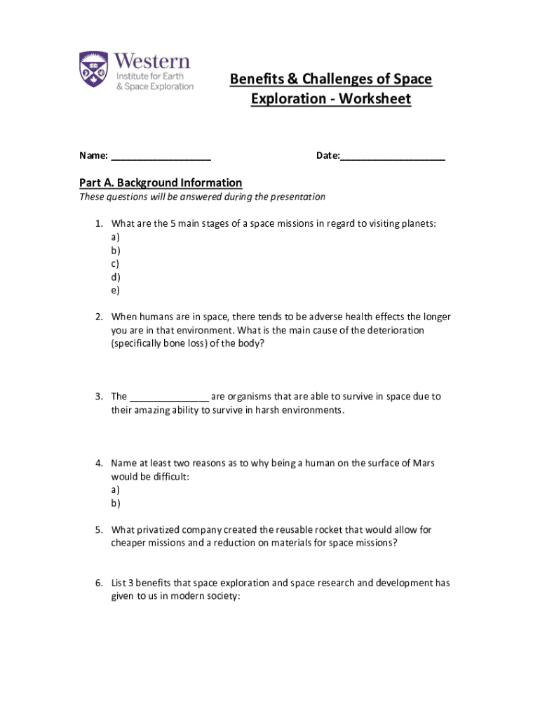 Fillable Online Benefits & Challenges of Space Exploration - Worksheet ...