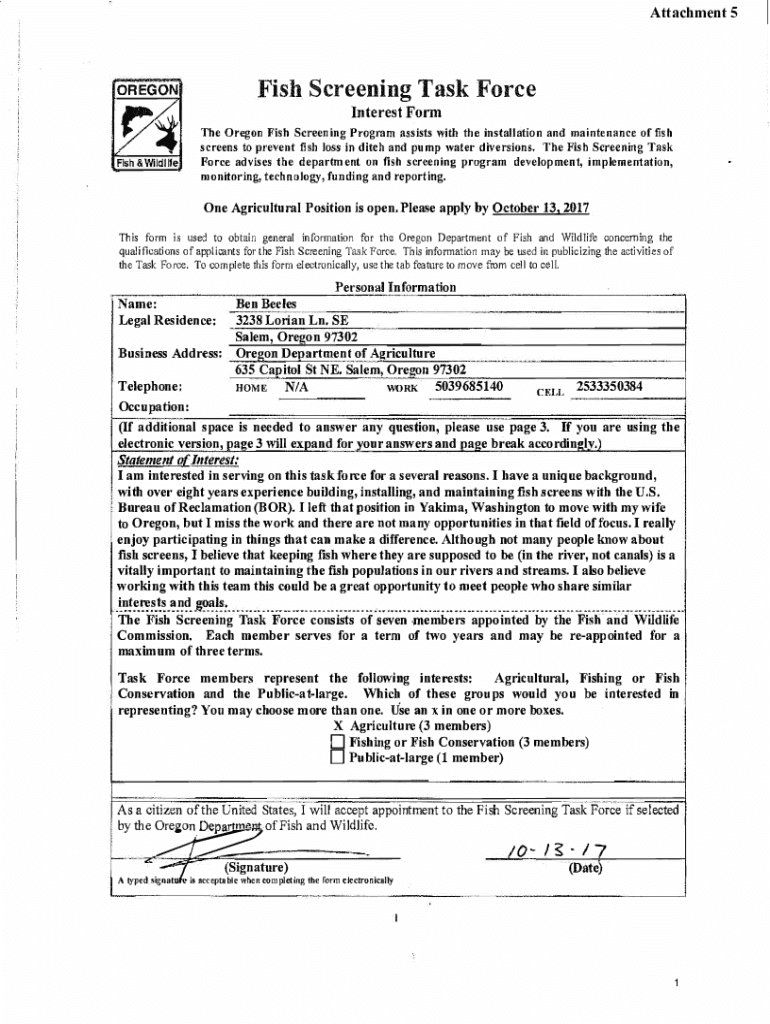Fillable Online Fish Screening Task Force Interest Form Fax Email Print ...
