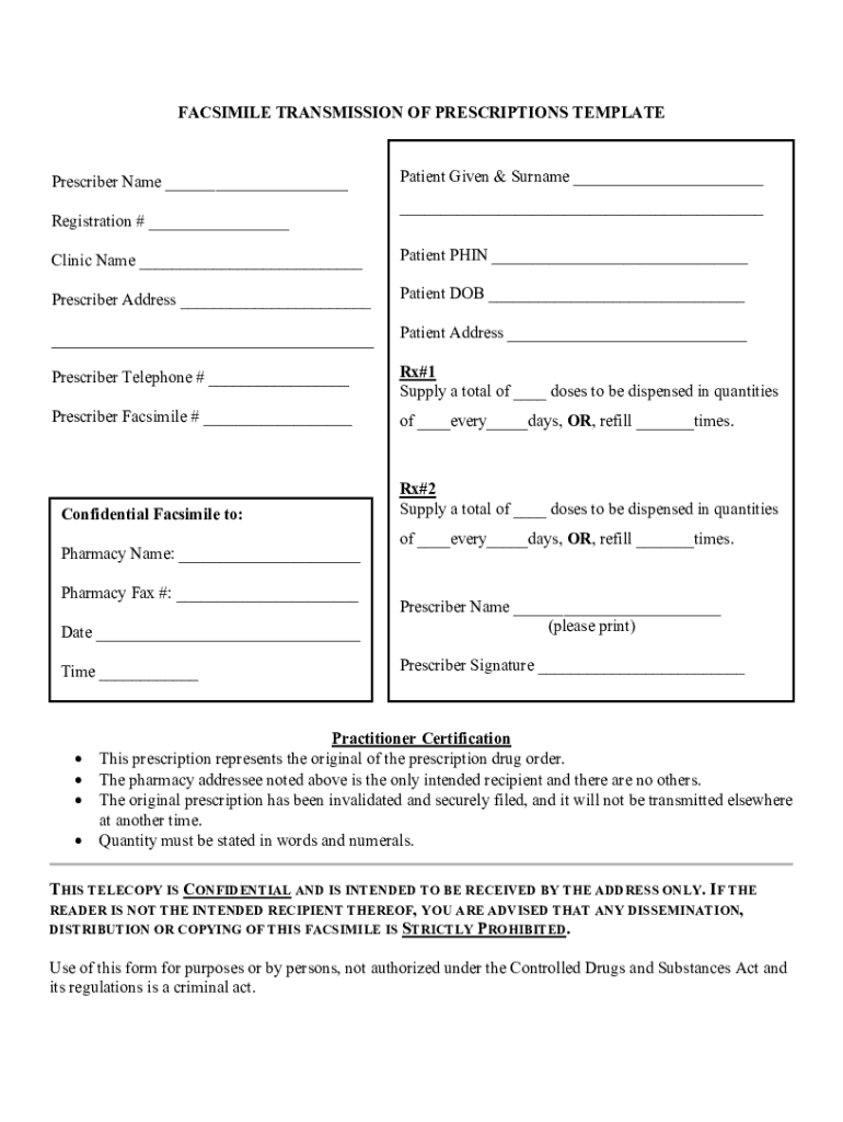 Fillable Online FACSIMILE TRANSMISSION OF PRESCRIPTIONS TEMPLATE Fax Email Print - pdfFiller