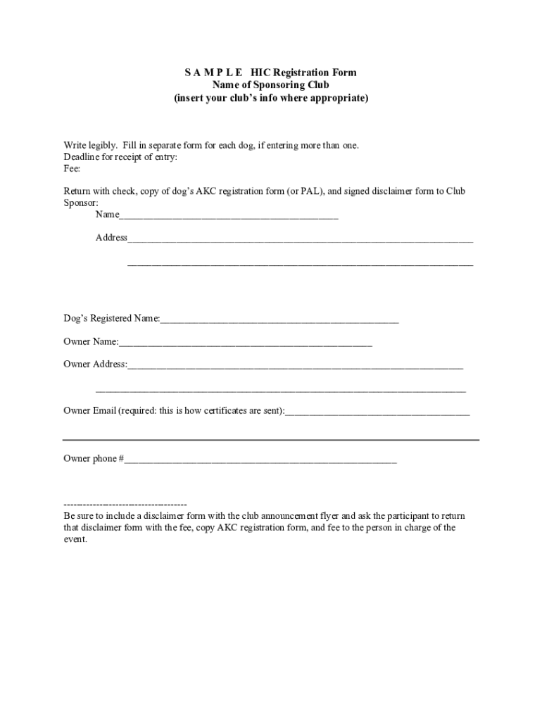 Fillable Online S A M P L E HIC Registration Form Name of Sponsoring ...