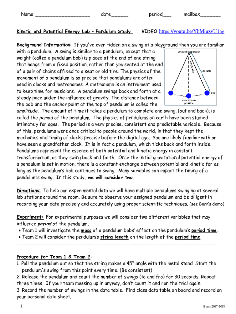 Fillable Online Kinetic and Potential Energy Lab Pendulum Study Fax Email Print - pdfFiller