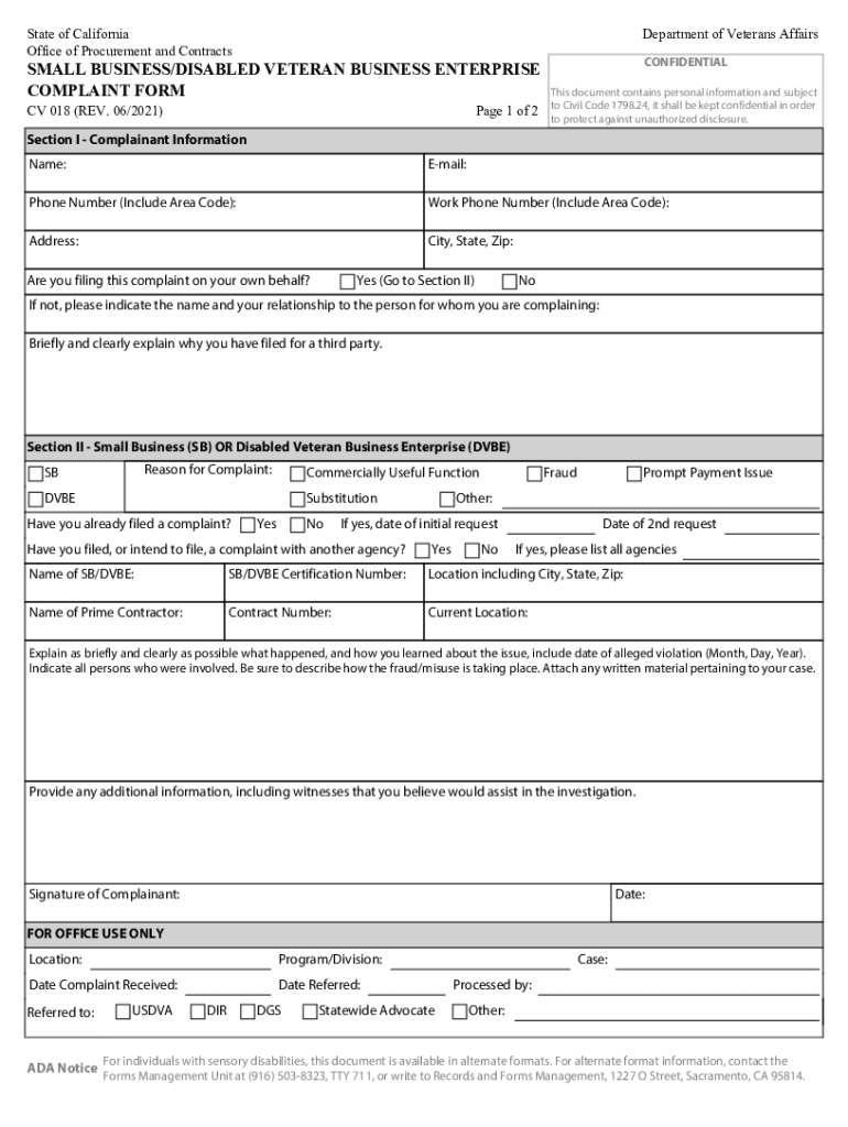 Fillable Online DVBE Complaint Form. DVBE Complaint Form Fax Email ...