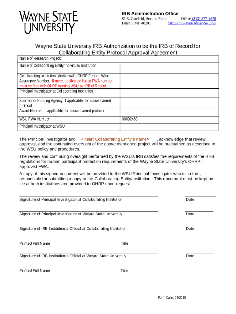 Authorization to Use Another IRB for Protocol Approval ... Doc Template | pdfFiller