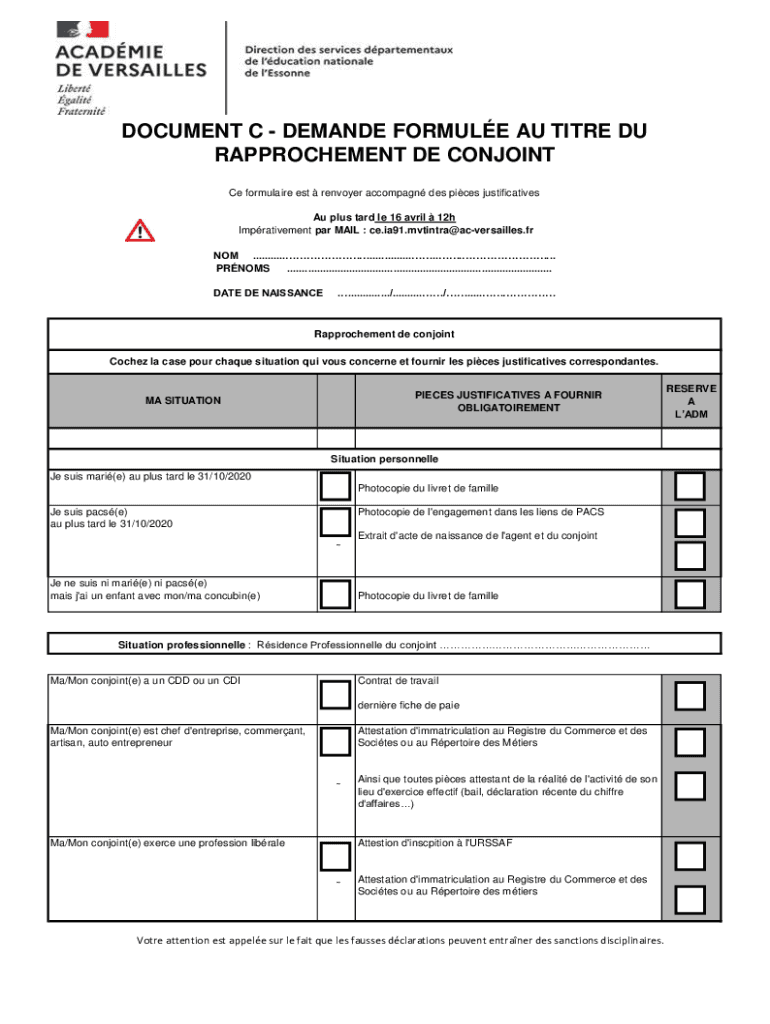 Remplissable En Ligne Rapprochement de conjoints pour les PE/Instit ...