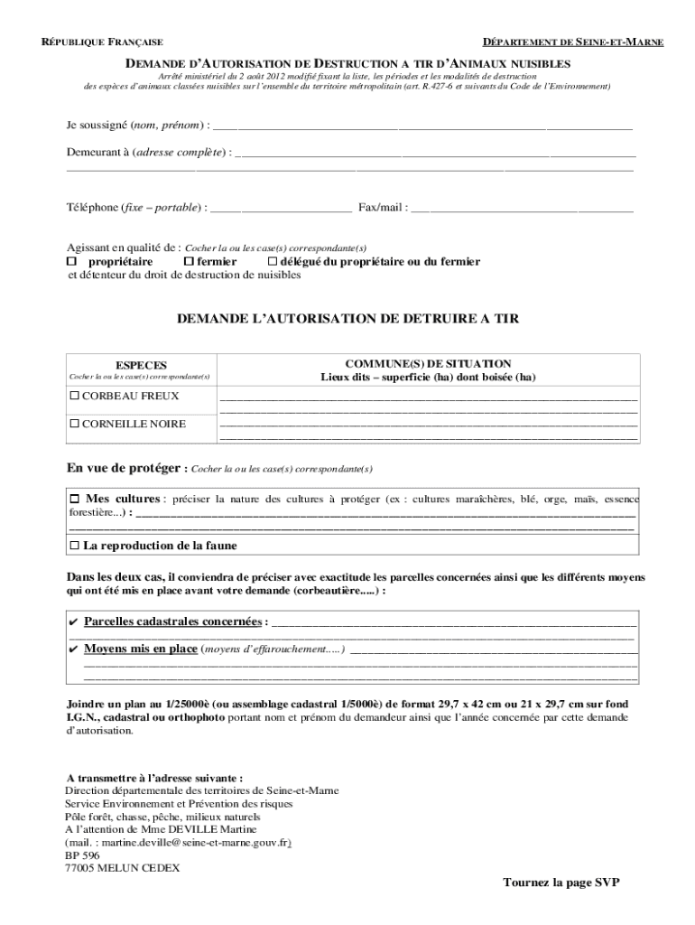 Remplissable En Ligne demande d'autorisation de destruction a tir d ...