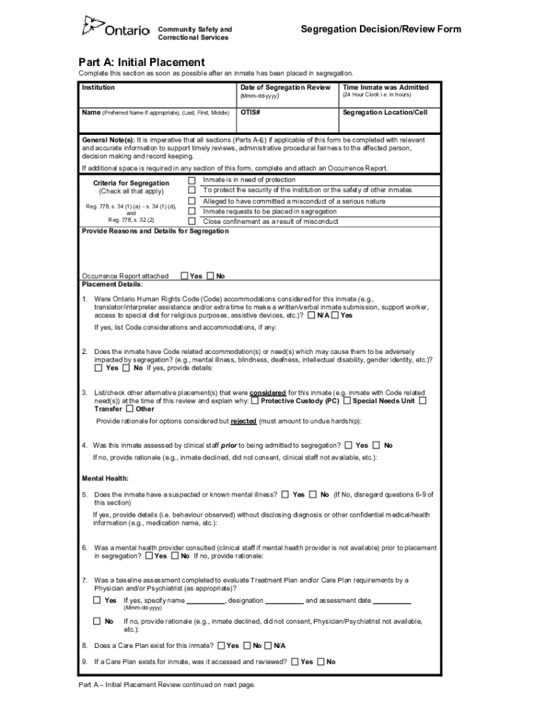 Fillable Online Segregation Decision/Review Form Fax Email Print ...