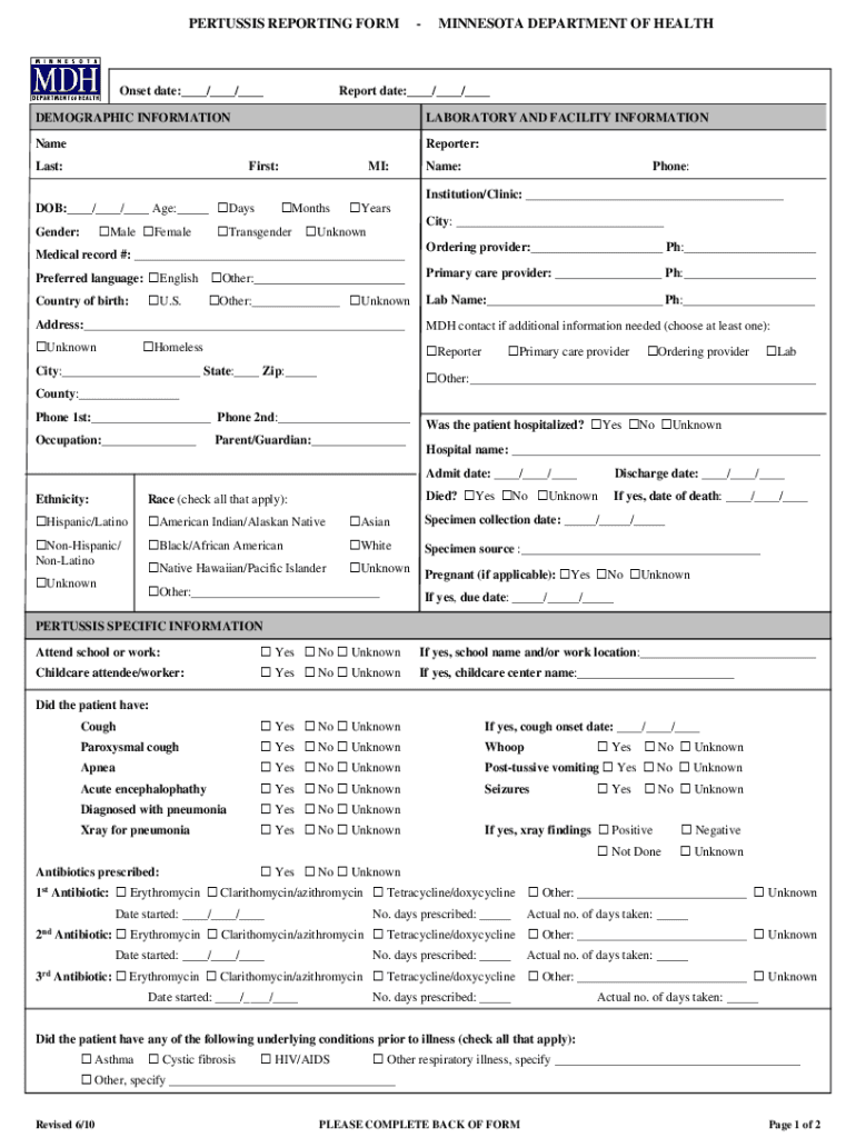 Fillable Online Pertussis Reporting Form. Pertussis reporting form Fax Email Print - pdfFiller