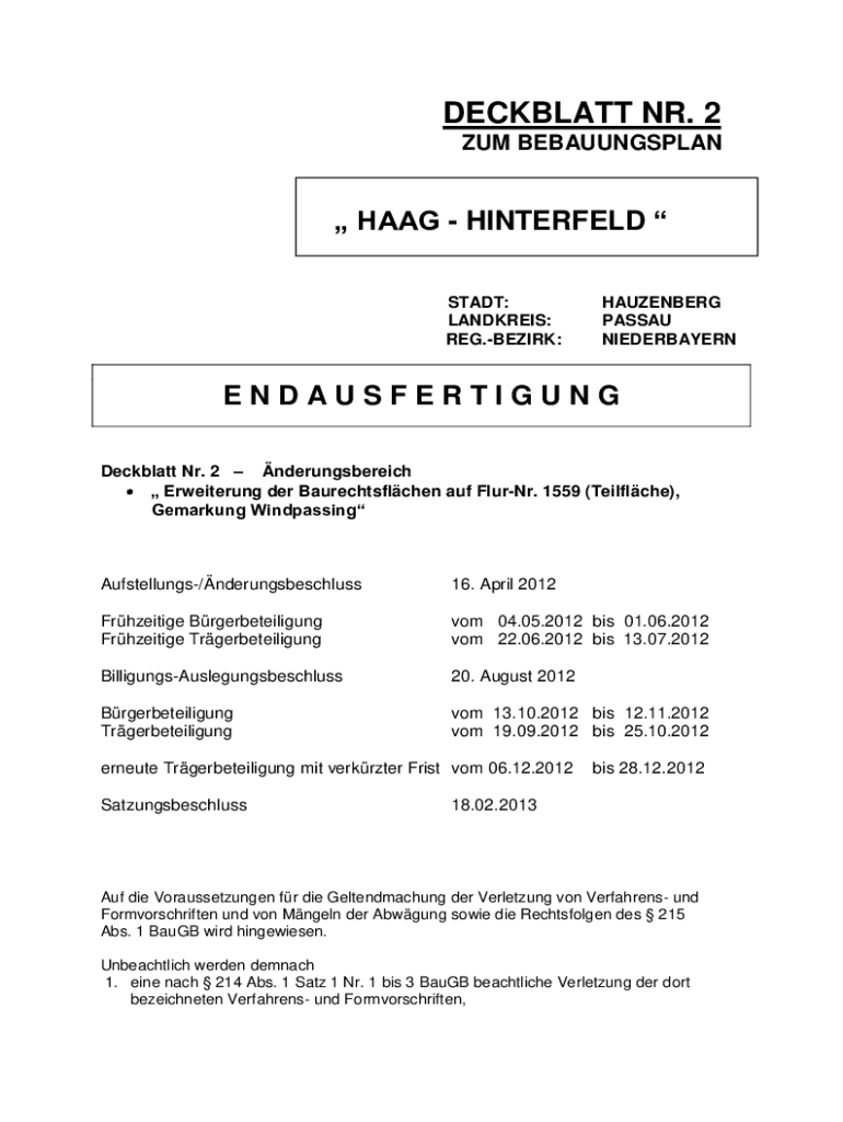 Ausfüllbar Online deckblatt nr. 2 - zum bebauungsplan Fax Email Drucken - pdfFiller