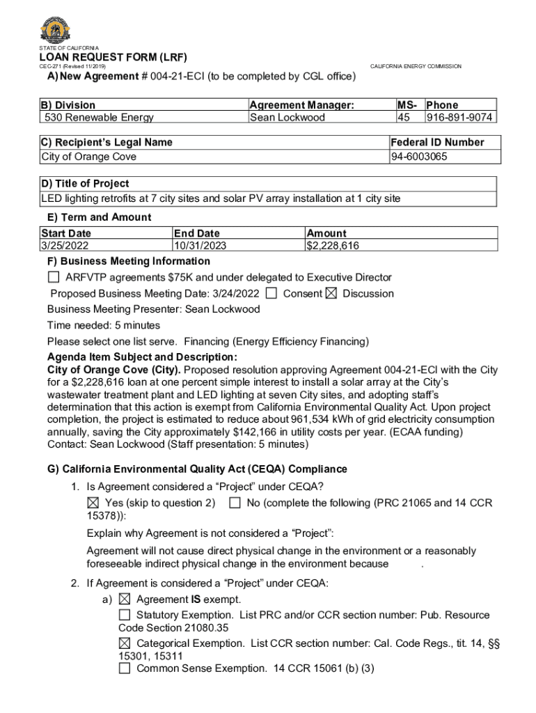 Fillable Online LOAN REQUEST FORM (LRF) A) New Agreement # 004-21-ECI ...
