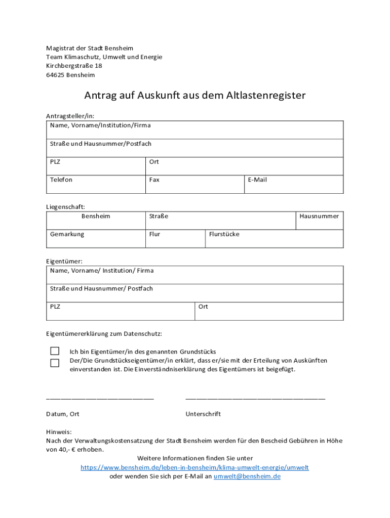 Ausfüllbar Online Antrag auf Auskunft aus dem Altlastenregister Fax Email Drucken - pdfFiller