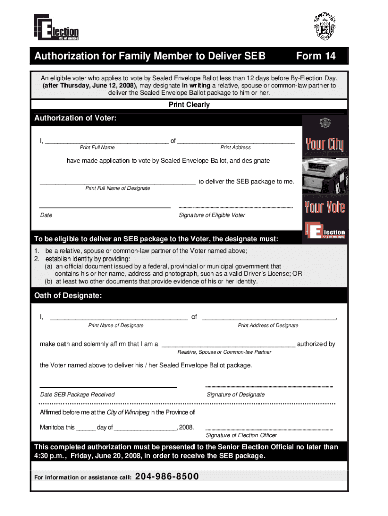 Fillable Online Authorization for Family Member to Deliver SEB Form 14 ...