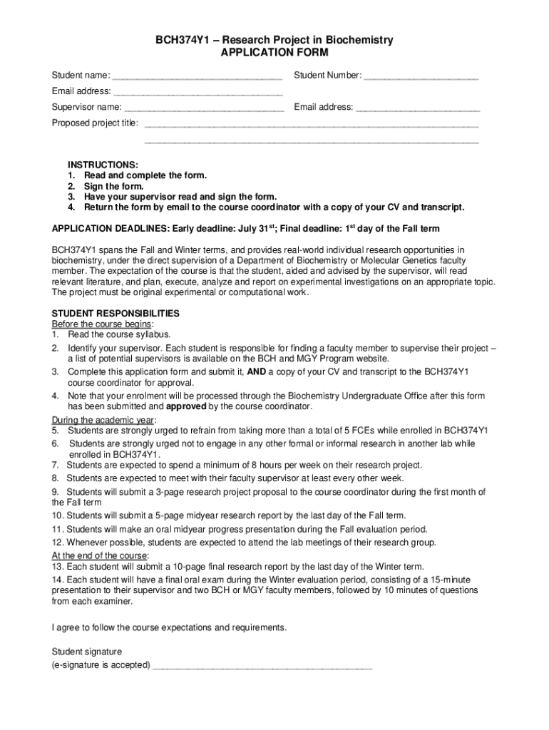 Fillable Online Research Project in Biochemistry APPLICATION FORM Fax ...