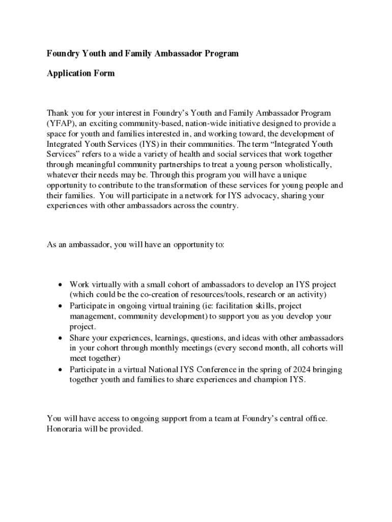 Fillable Online Foundry's National Youth & Family Ambassador Program ...