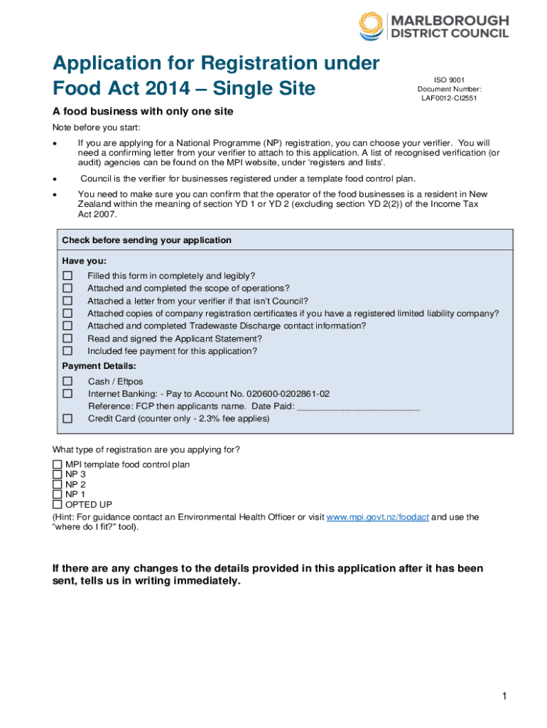 Fillable Online Application for Registration under Food Act 2014-On ...